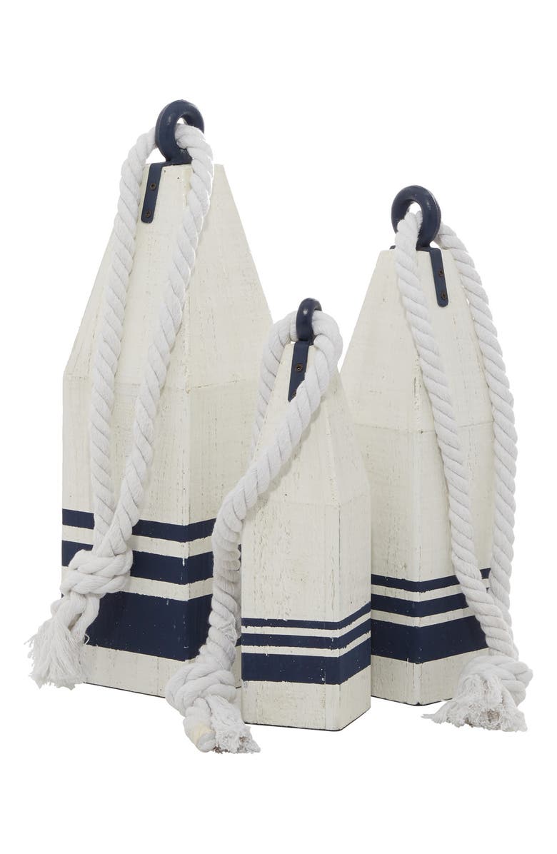 WILLOW ROW White Wood Handmade Buoy Sculpture with Rope Accent - Set of ...