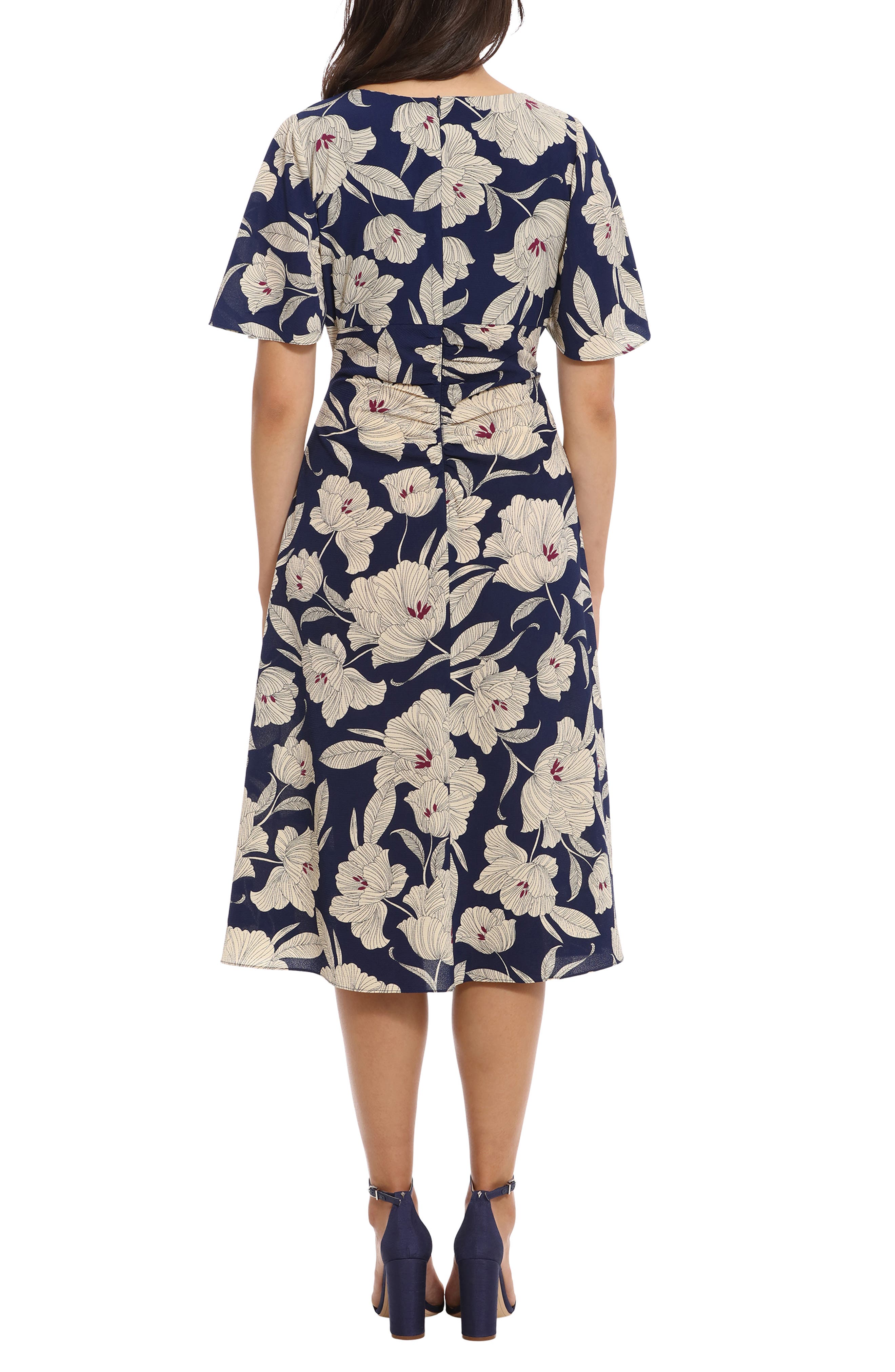 London Times Floral Flutter Sleeve Shirred A-Line Midi Dress ...