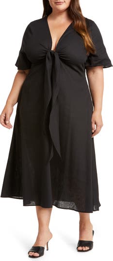 HARSHMAN Fiorella Tie Front Linen Blend Midi Dress | Nordstrom