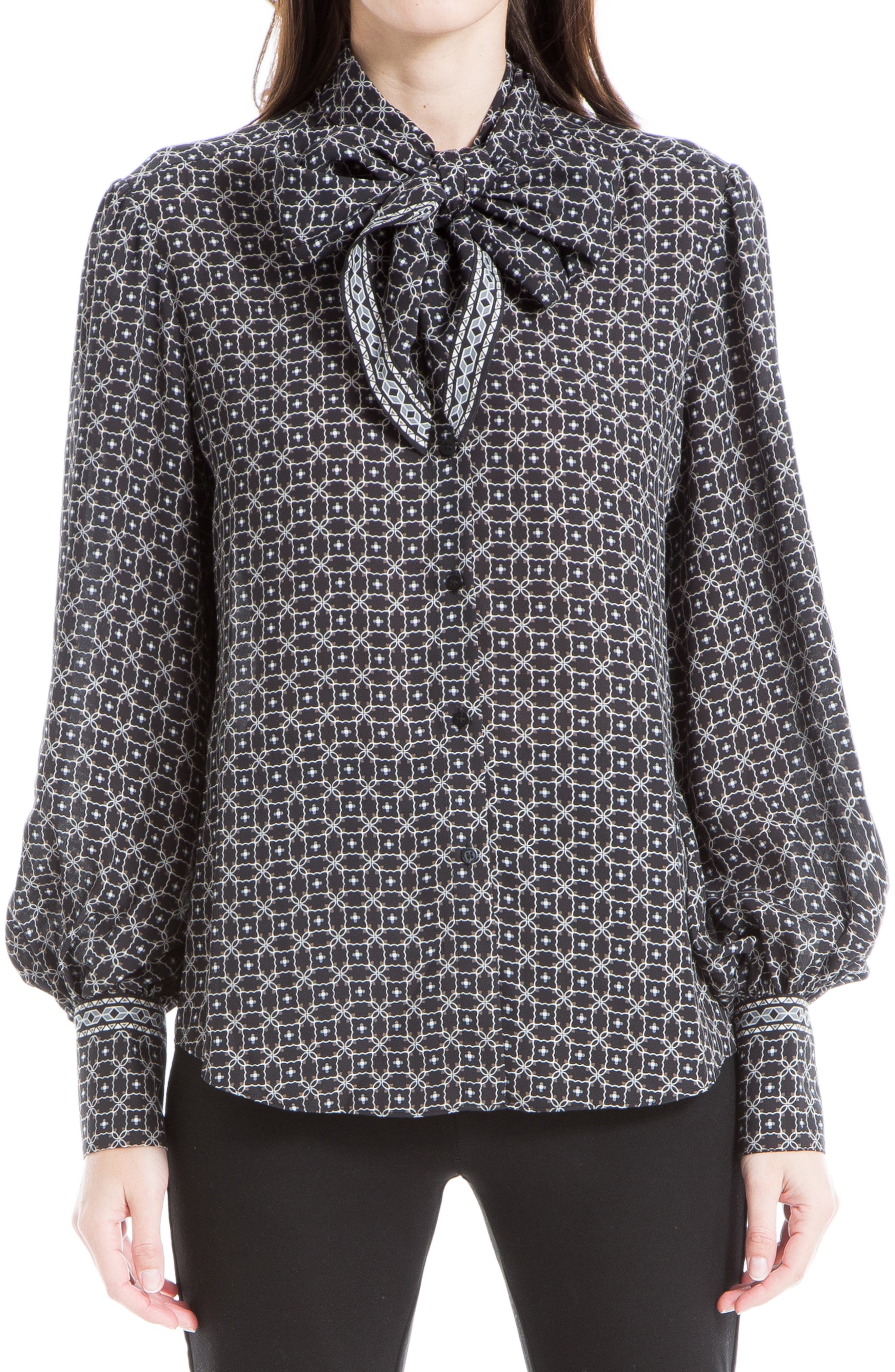 MAX STUDIO Geo Floral Print Bow Neck Blouse | Nordstromrack
