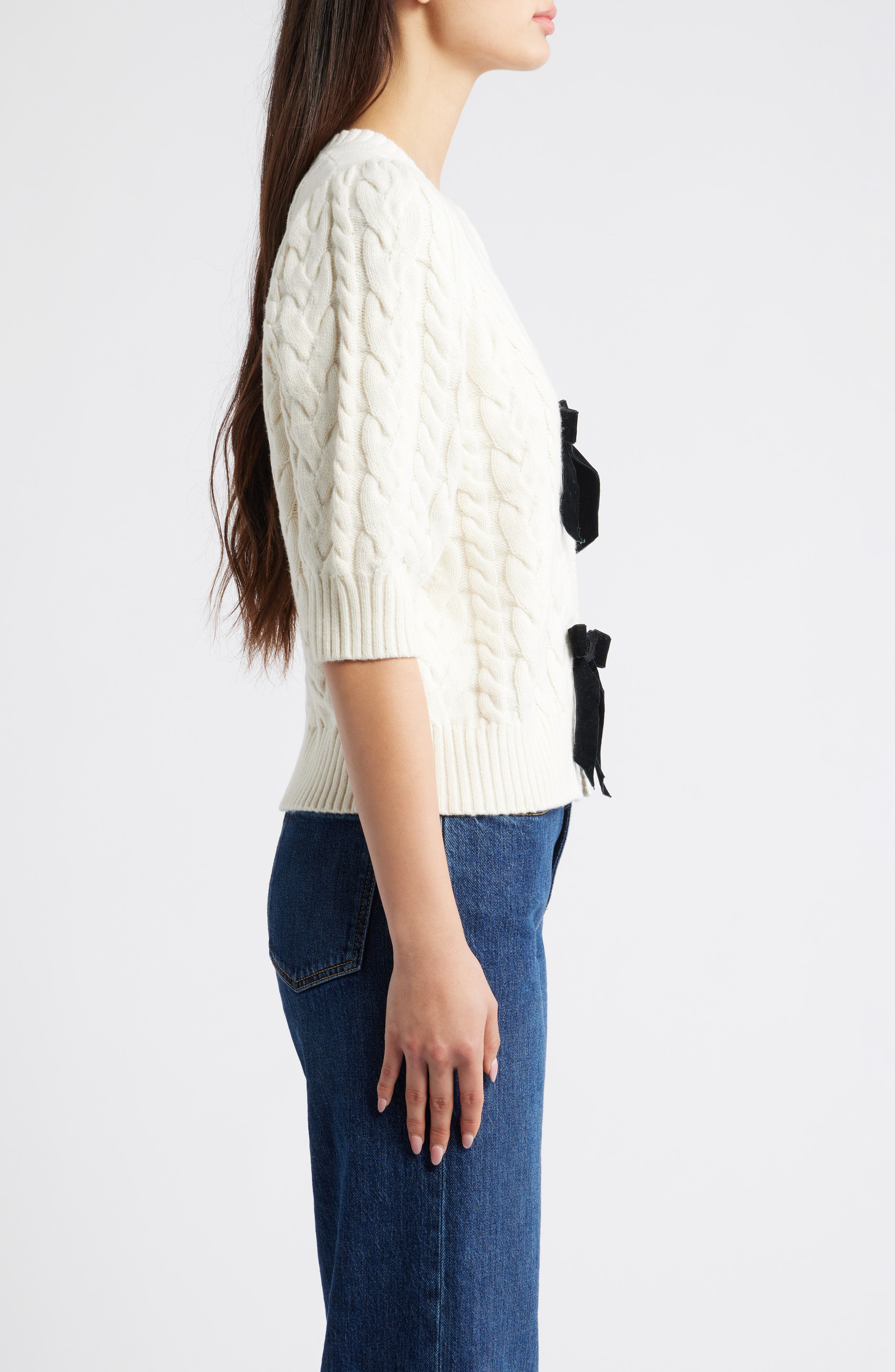 Rails Clarissa Velvet Bow Cotton & Merino Wool Blend Cable Sweater ...