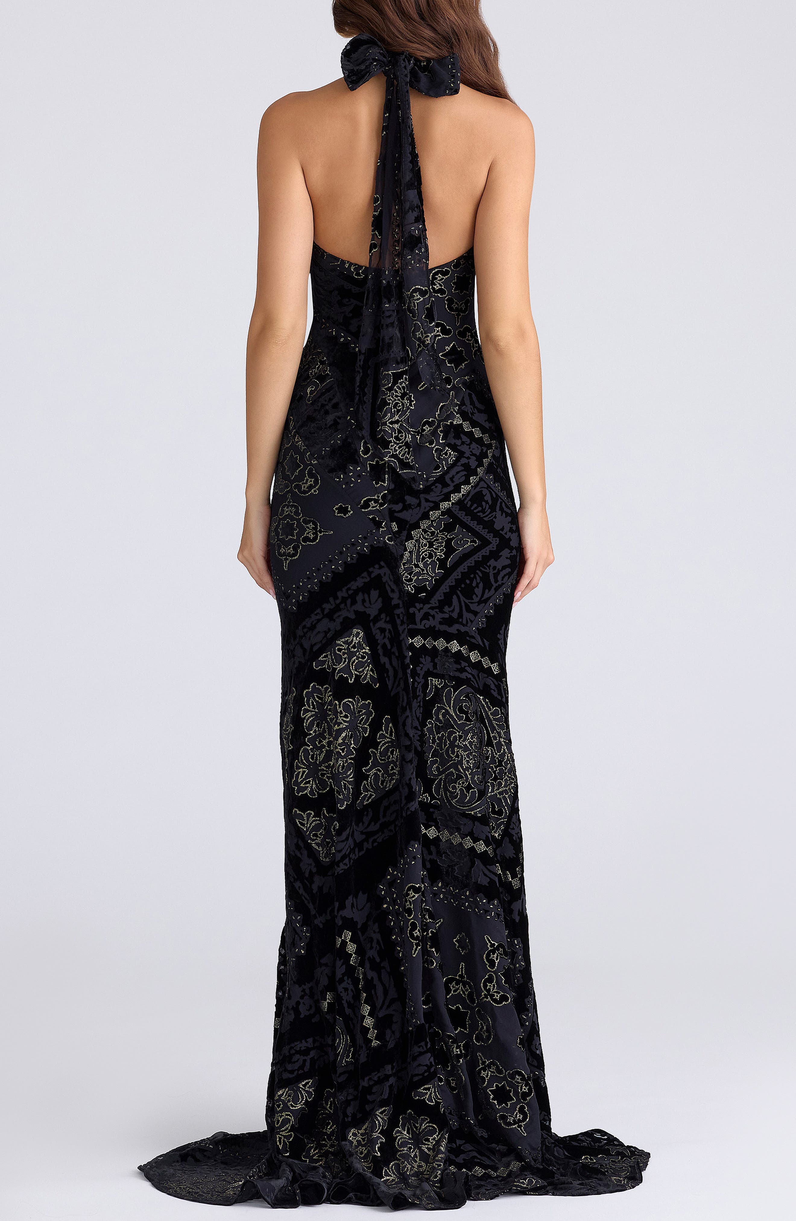 HOUSE OF CB Oliviana Cutout Foil Devoré Halter Gown | Nordstrom