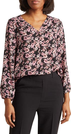 Pleione Floral V-Neck Shirred Long Sleeve Top | Nordstromrack