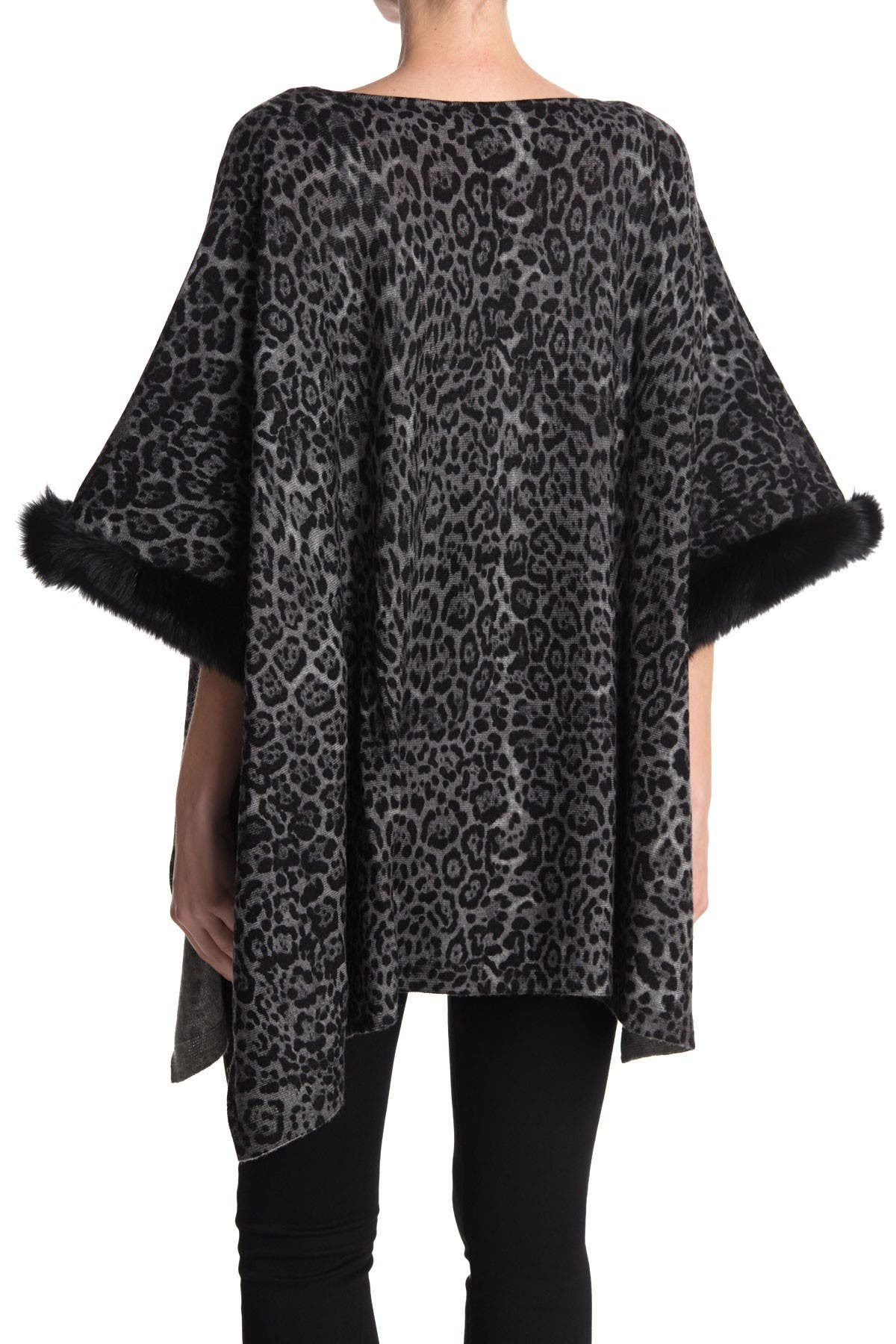 Sofia Cashmere Wool Blend Leopard Print Genuine Fox Fur Trim Poncho ...