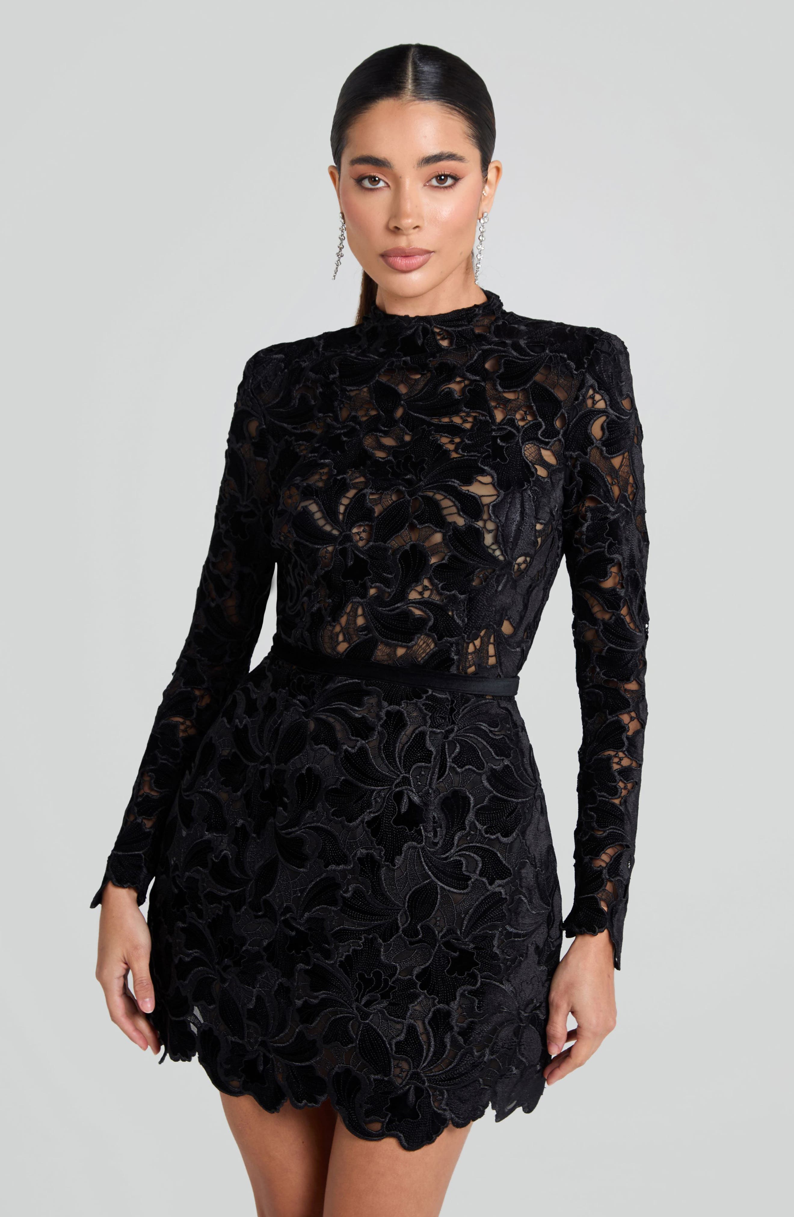 NADINE MERABI Lydia Long Sleeve Lace Overlay Cocktail Minidress | Nordstrom