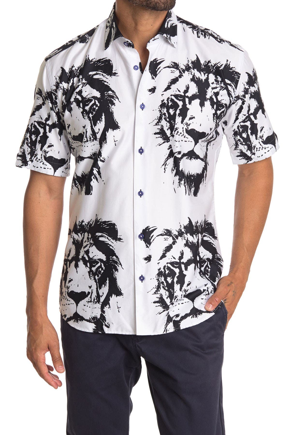 Maceoo Galileo Short Sleeve Lion Draw Print Shaped Fit Shirt ...