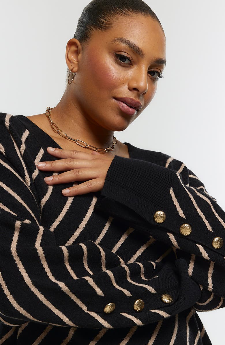 River Island Stripe Button Cuff V-Neck Sweater | Nordstromrack
