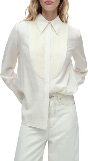 MANGO Shelby Pleated Contrast Panel Button-Up Shirt | Nordstromrack