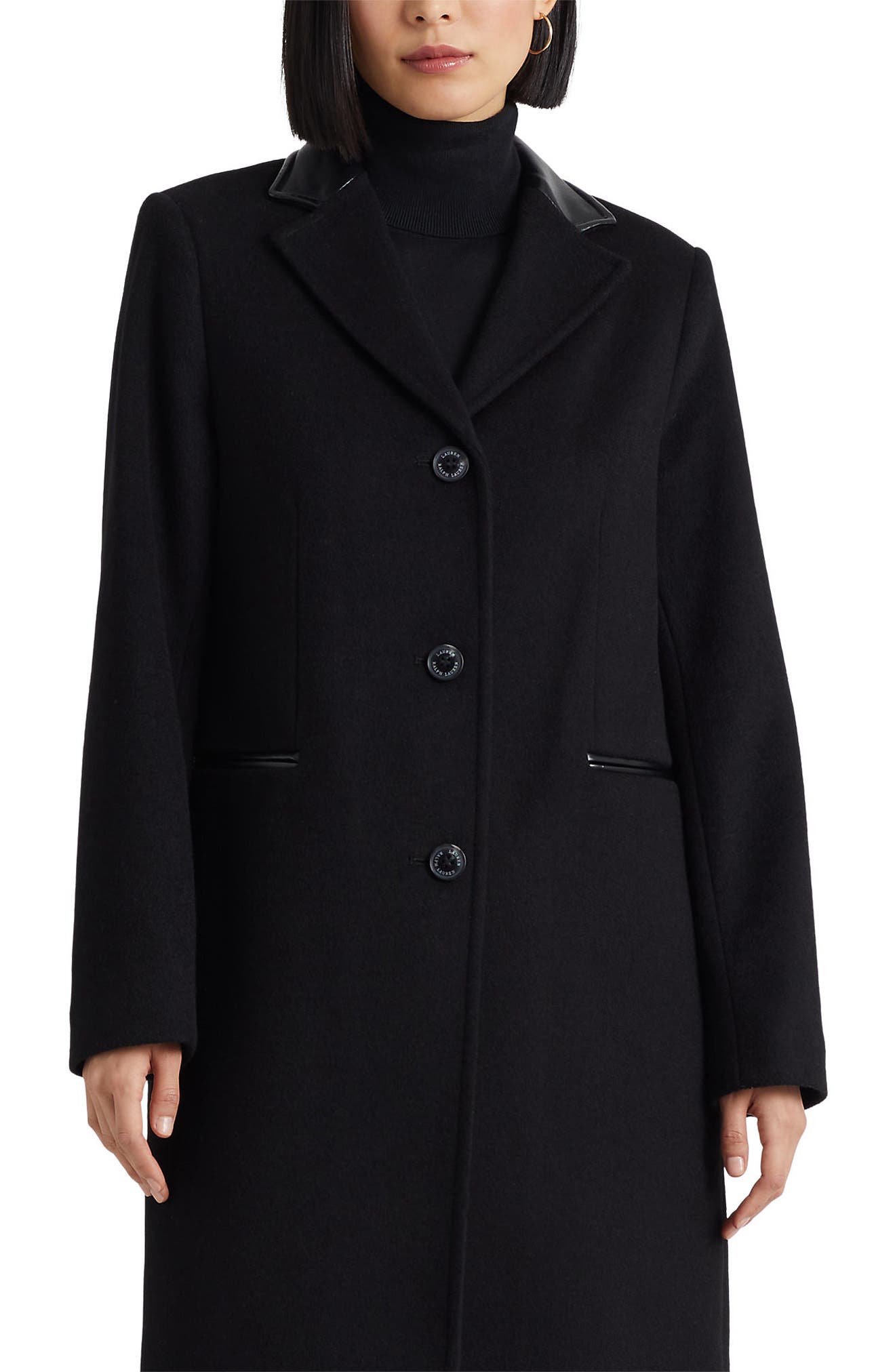 Lauren Ralph Lauren Faux Leather Trim Wool Blend Longline Coat | Nordstrom