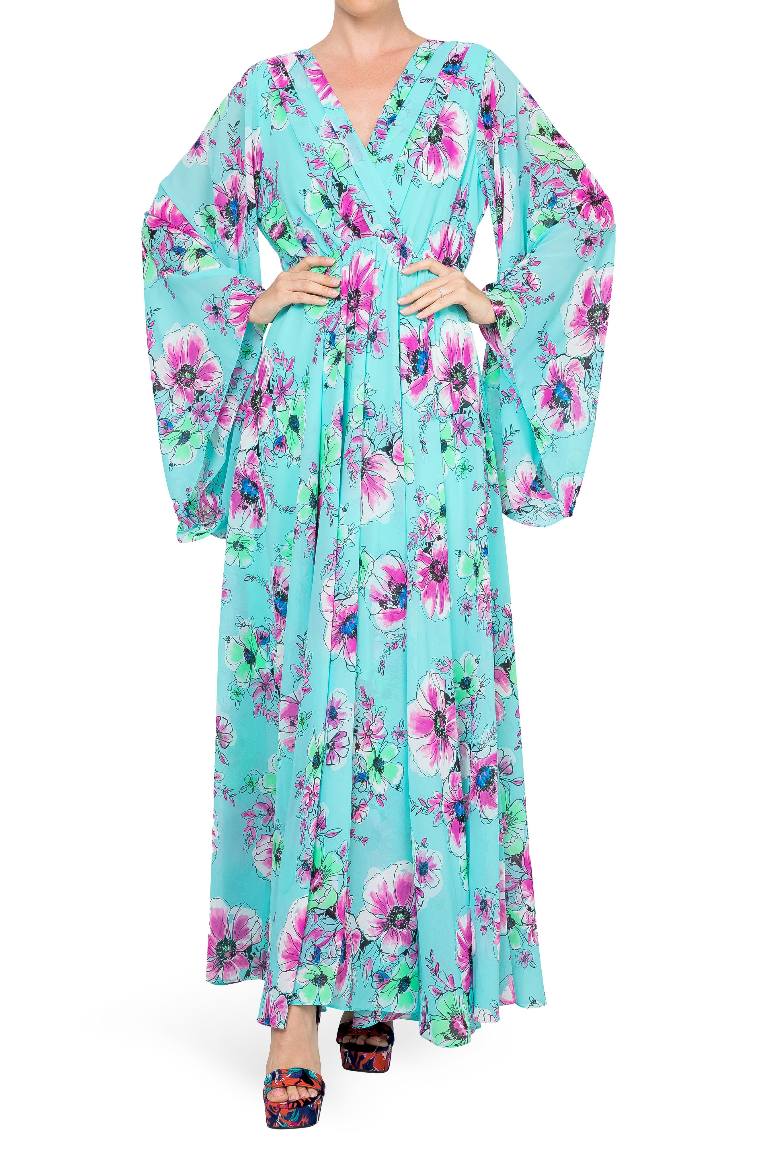 MEGHAN LA Sunset Floral Print Bell Sleeve Maxi Dress | Nordstromrack