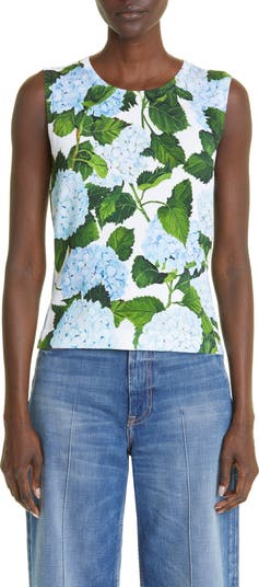 Oscar de la Renta Hydrangea Print Sleeveless Cotton Blend Sweater ...