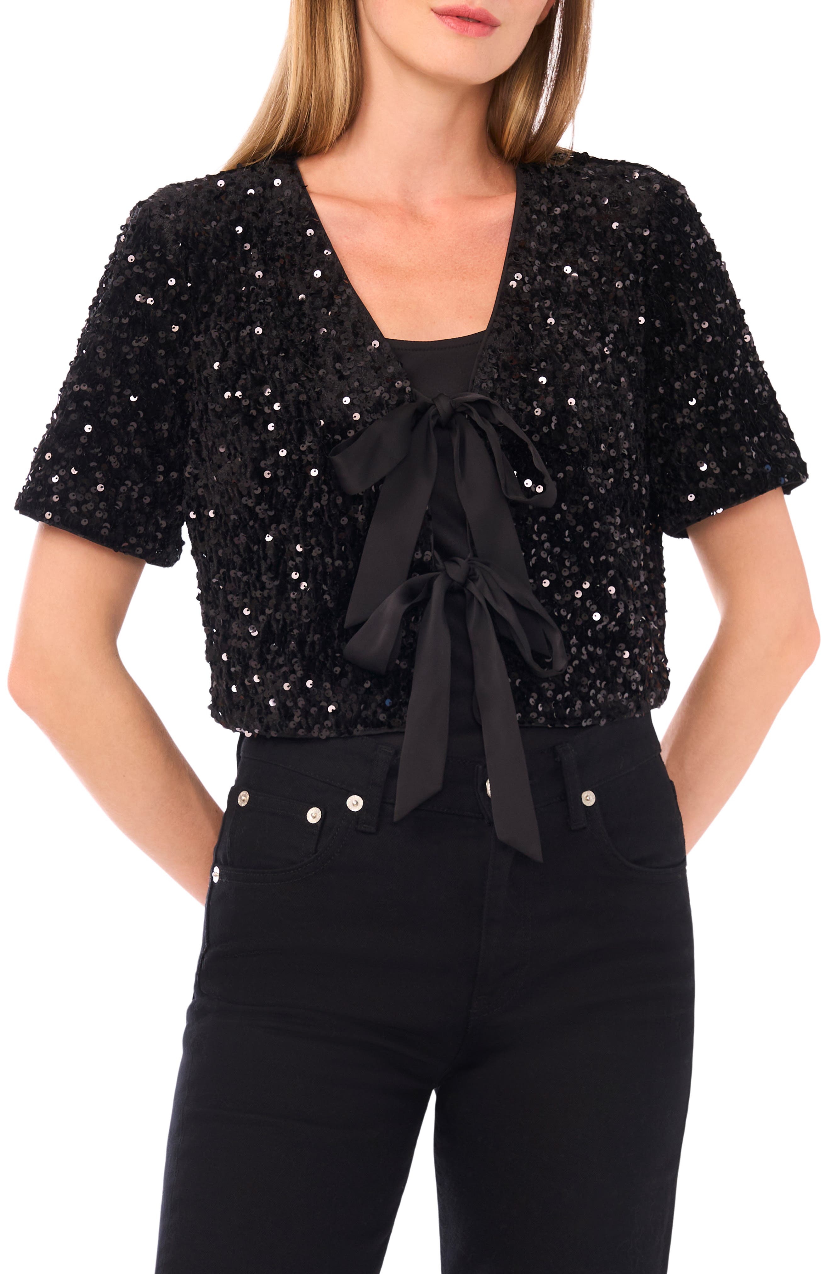 CeCe Tie Front Sequin Velvet Top | Nordstromrack
