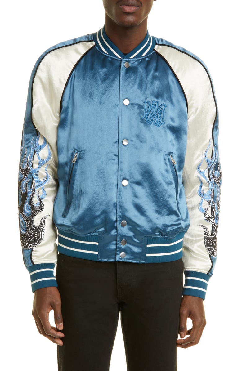 AMIRI Bandana Flames Satin & Velour Letterman Jacket | Nordstrom