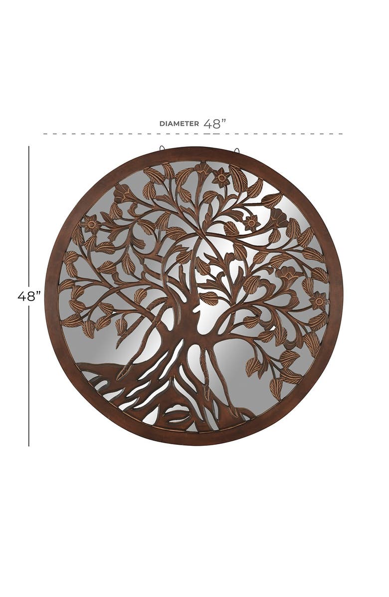 WILLOW ROW Large Round Wall Art Mirror with Wood Carved Tree Center ...