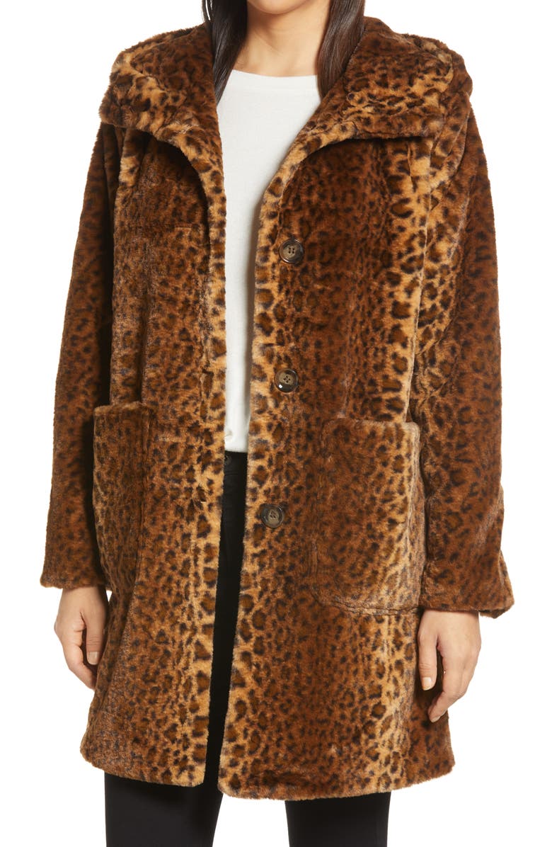 Bernardo Leopard Faux Fur Hooded Coat | Nordstrom