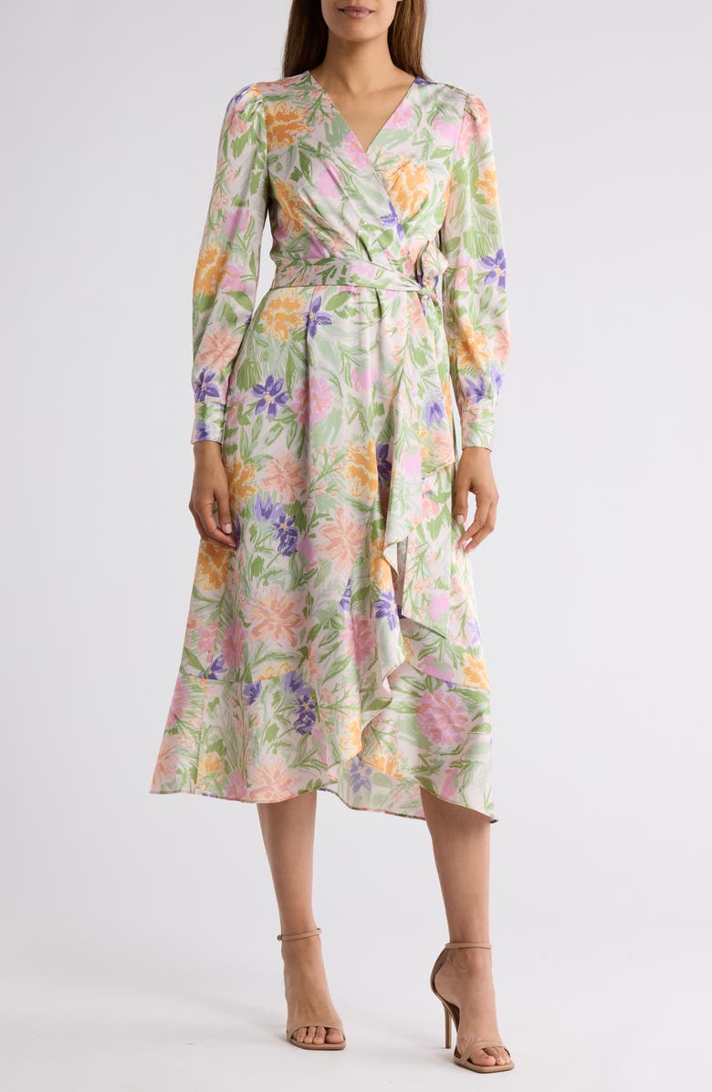 Tahari ASL Floral Print Tie Waist Long Sleeve Faux Wrap Midi Dress ...