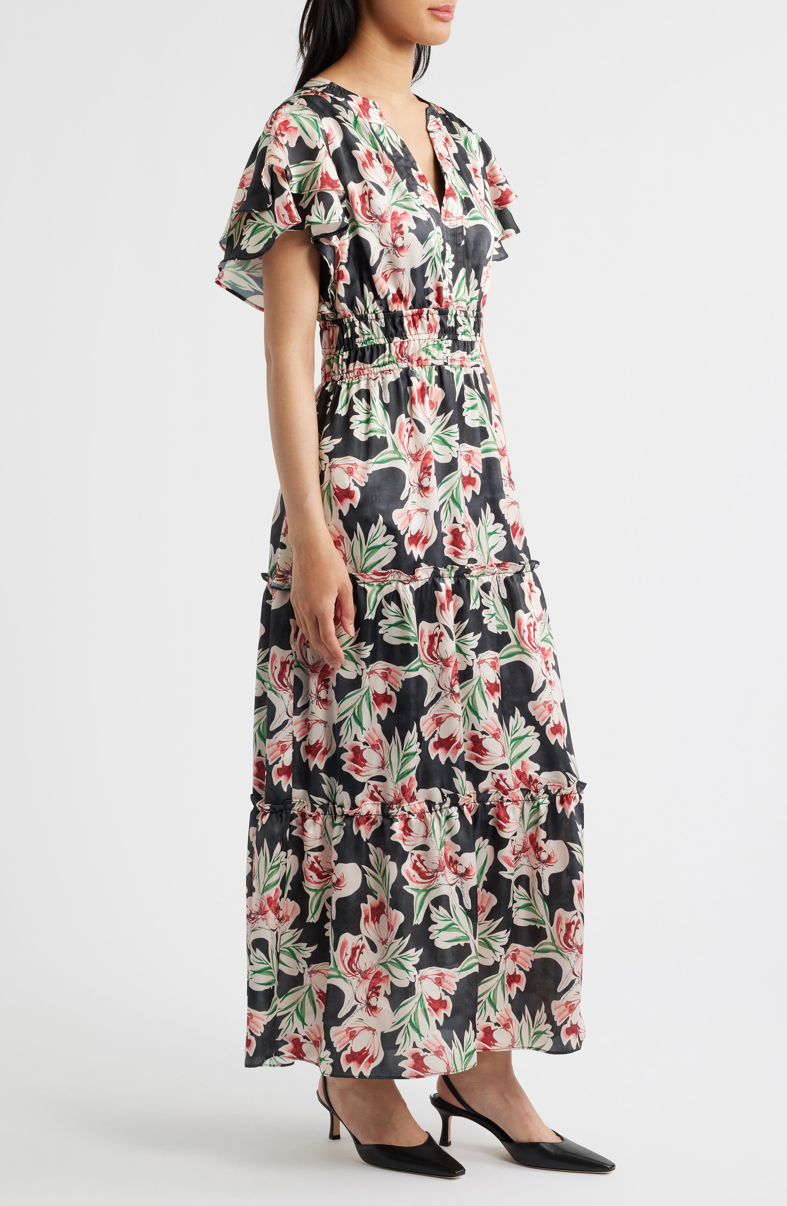Julia Jordan Floral Tiered Split Neck Ruffle Sleeve Satin Dress ...