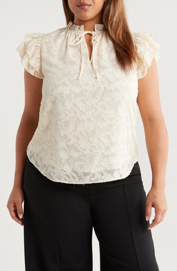 Anne Klein Ruffle Sleeve Tie Neck Jacquard Top | Nordstrom