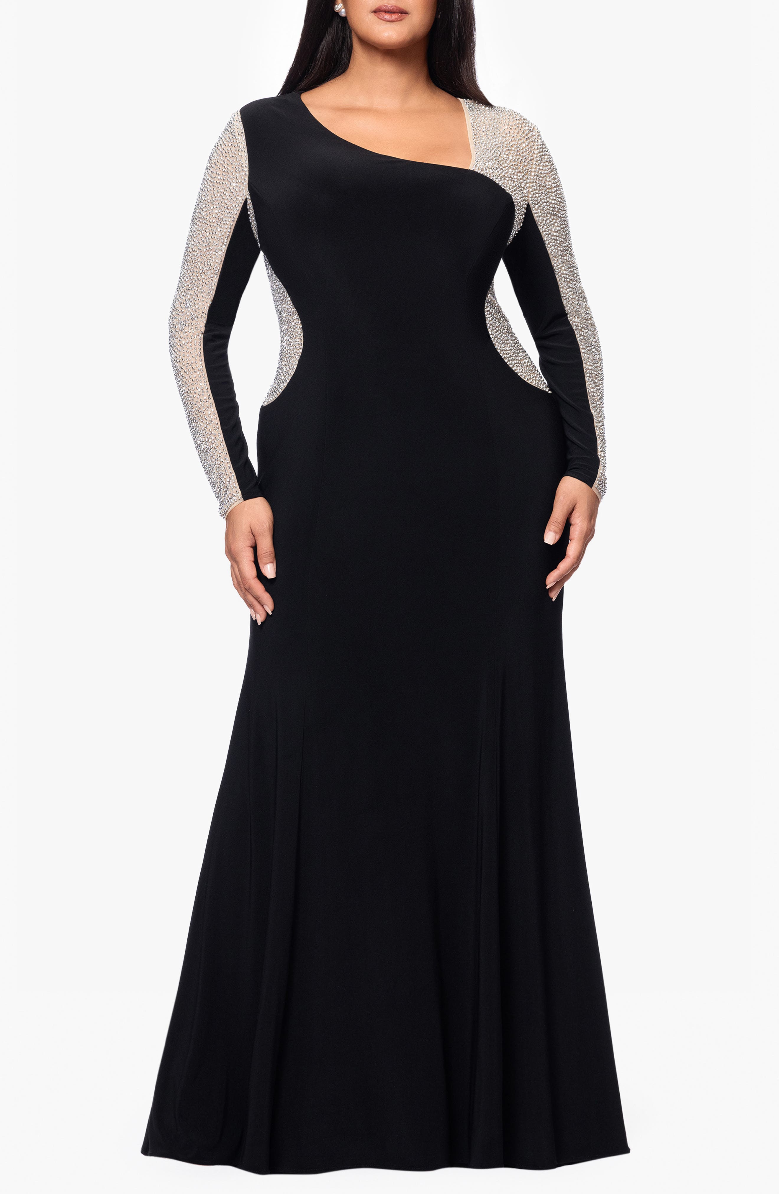 Xscape Evenings Studded Contrast Long Sleeve Trumpet Gown | Nordstrom