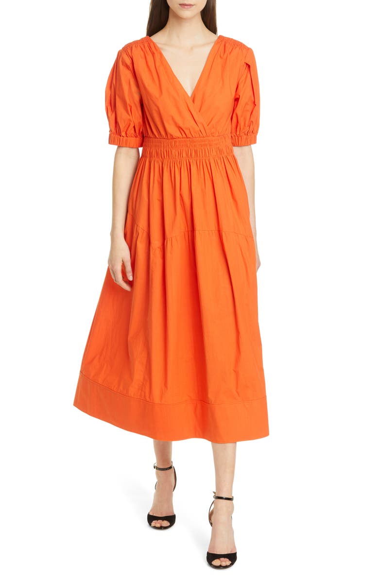 Self-Portrait Puff Sleeve Tie Back Cotton Midi Dress | Nordstrom