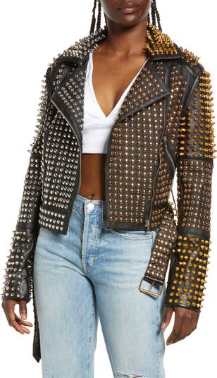 AZALEA WANG Studded Faux Leather Belted Moto Jacket | Nordstrom