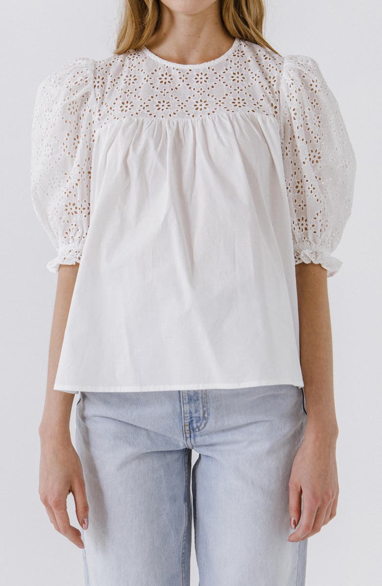 English Factory Eyelet Mix Media Short Sleeve Top | Nordstromrack