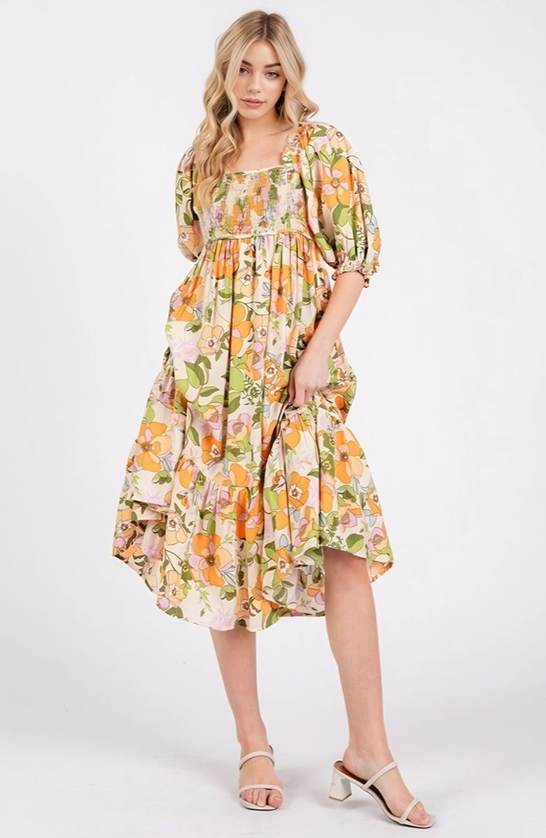 Knit and Lounge Smocked Floral Puff Sleeve Tiered Midi Dress | Nordstrom