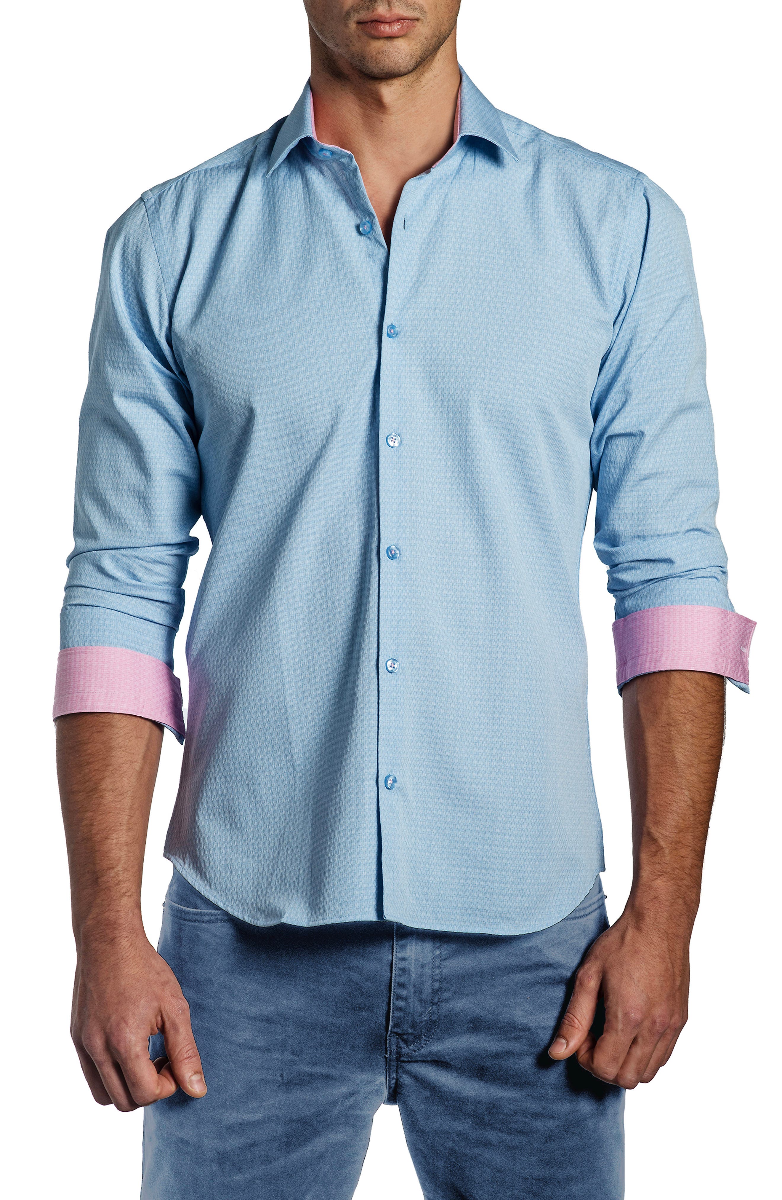 Jared Lang Trim Fit Textured Long Sleeve Button-Up Cotton Shirt ...
