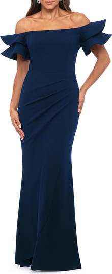 Xscape Evenings Ruffle Sleeve Off the Shoulder Scuba Crepe Sheath Gown ...