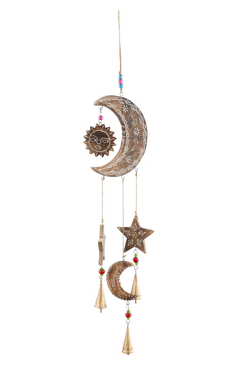 GINGER BIRCH STUDIO Goldtone Mango Wood Moon & Sun Windchime with Glass ...