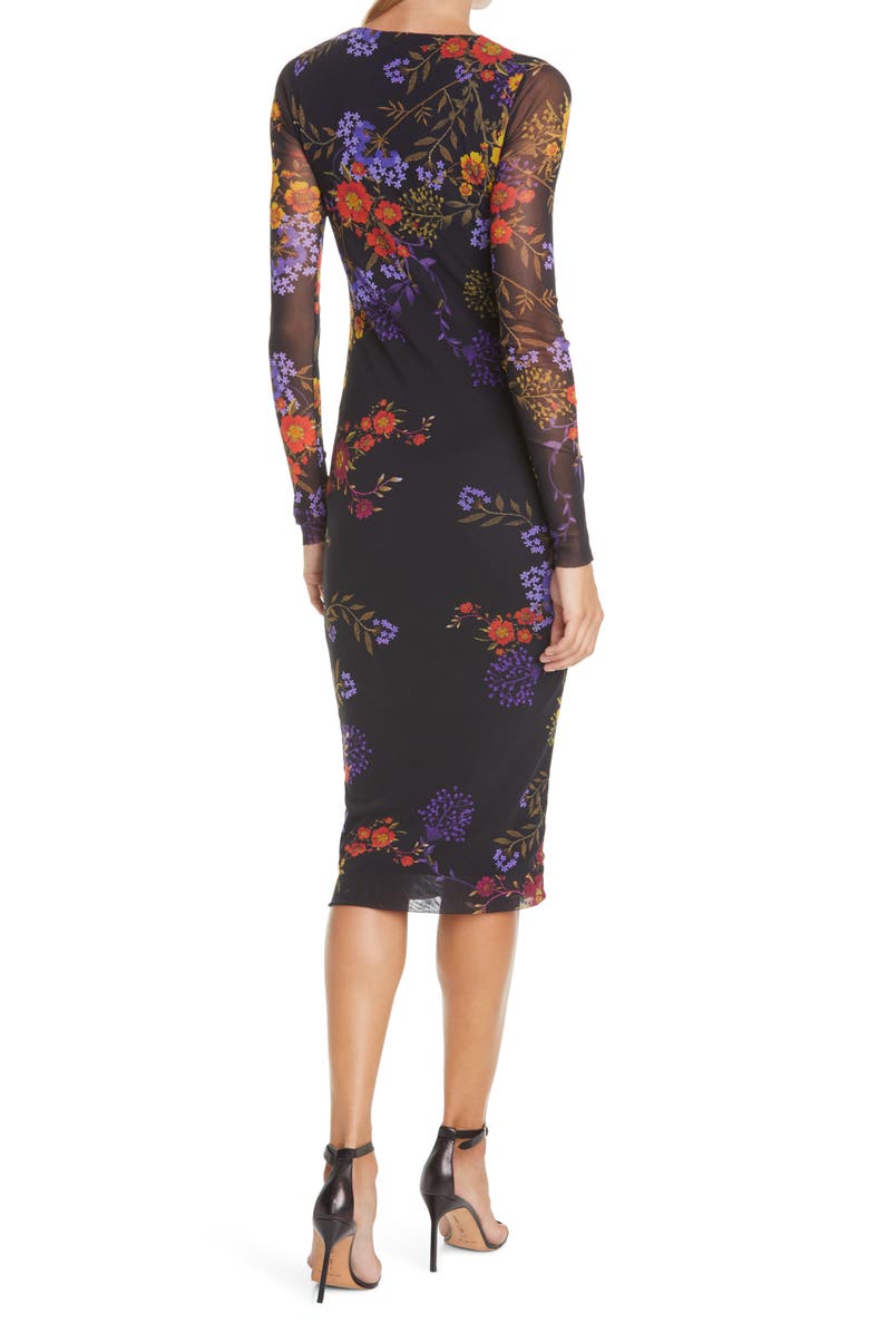 Fuzzi Floral Print Fringe Trim Long Sleeve Mesh Sheath Dress ...