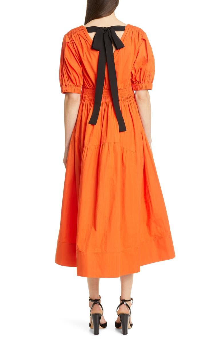 Self-Portrait Puff Sleeve Tie Back Cotton Midi Dress | Nordstrom