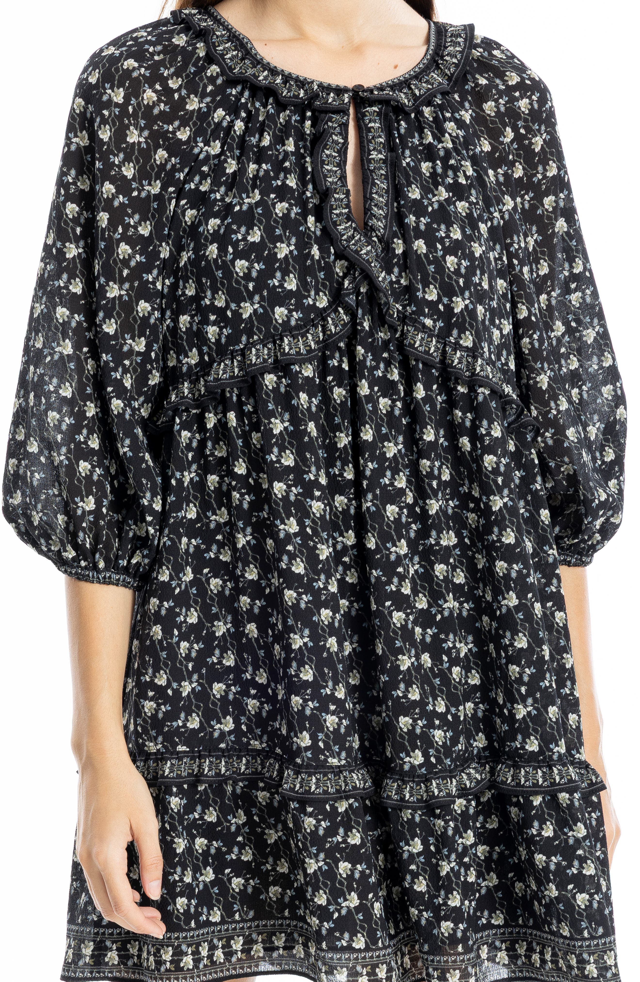 MAX STUDIO Floral Three-Quarter Sleeve Keyhole Minidress | Nordstromrack