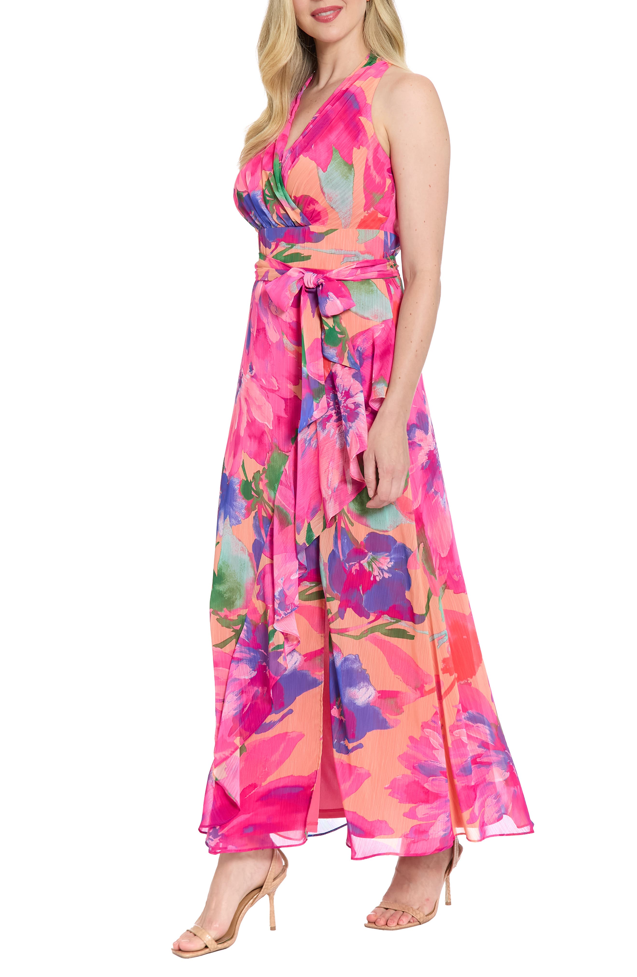 London Times Floral Halter Tie Belt Maxi Sheath Dress | Nordstromrack