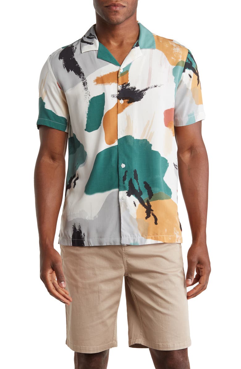 DENIM AND FLOWER Paint Brush Stroke Short Sleeve Button-Up Camp Shirt ...