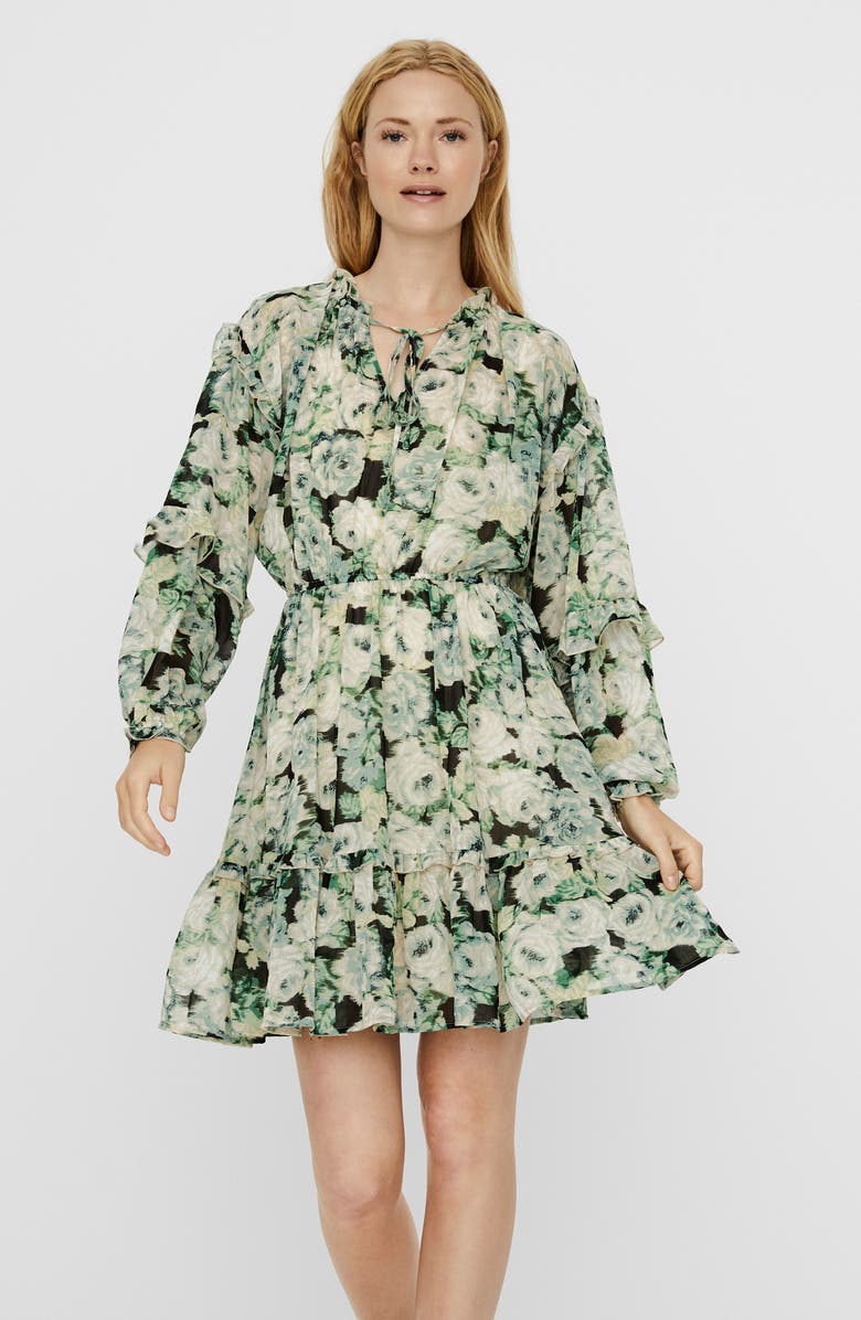 VERO MODA Cleo Recycled Tie Neck Ruffle Long Sleeve Minidress ...