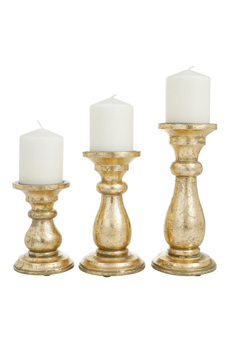 Goldtone Mango Wood Turned Style Pillar Candle Holder - Set of 3 ...