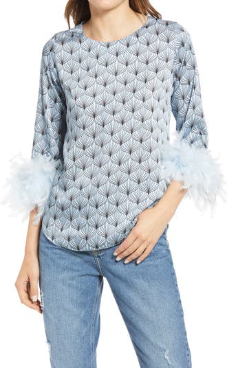 River Island Geo Print Feather Cuff Top | Nordstrom