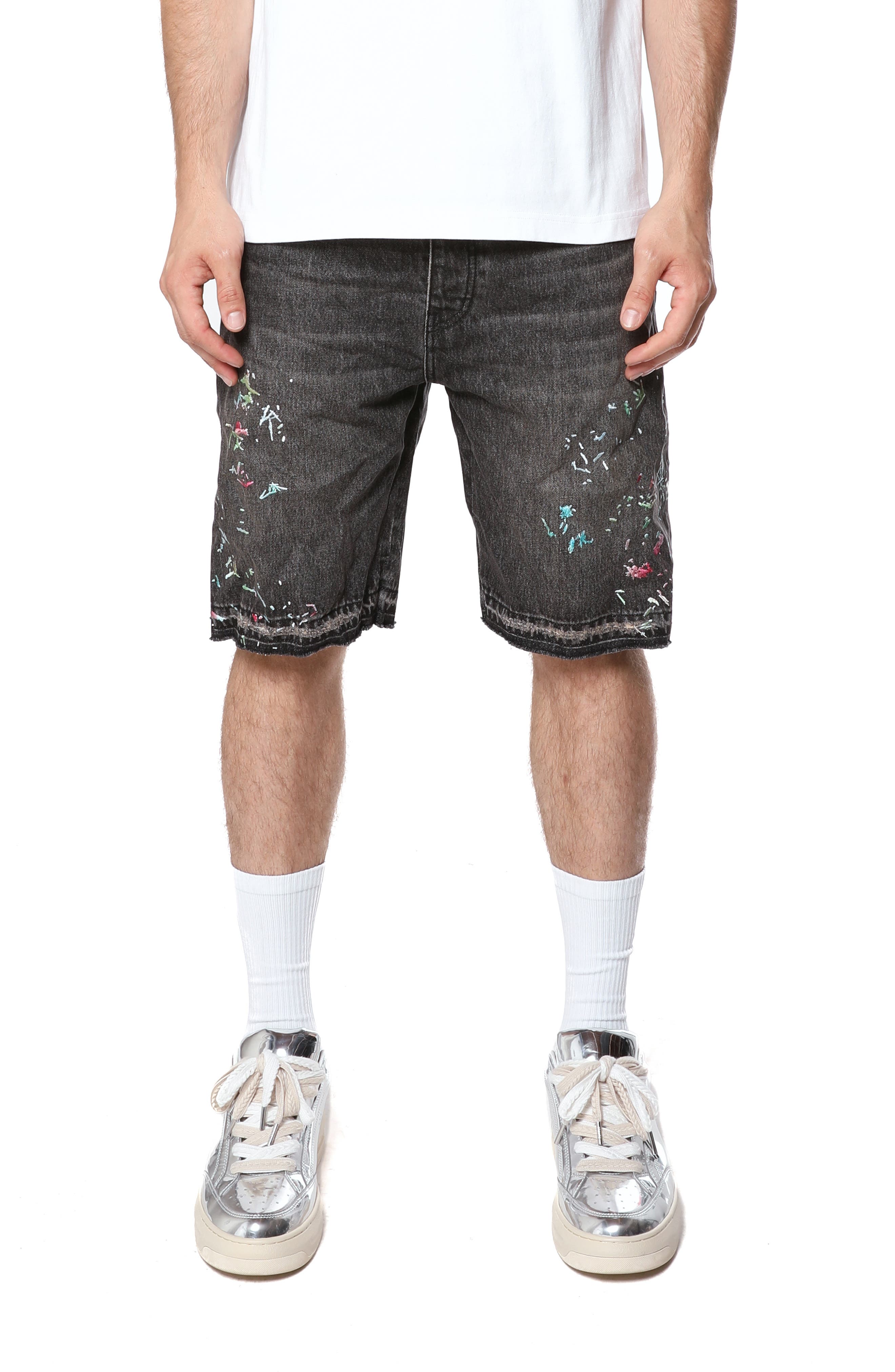 PURPLE BRAND Embroidered Splatter Relaxed Denim Shorts | Nordstrom