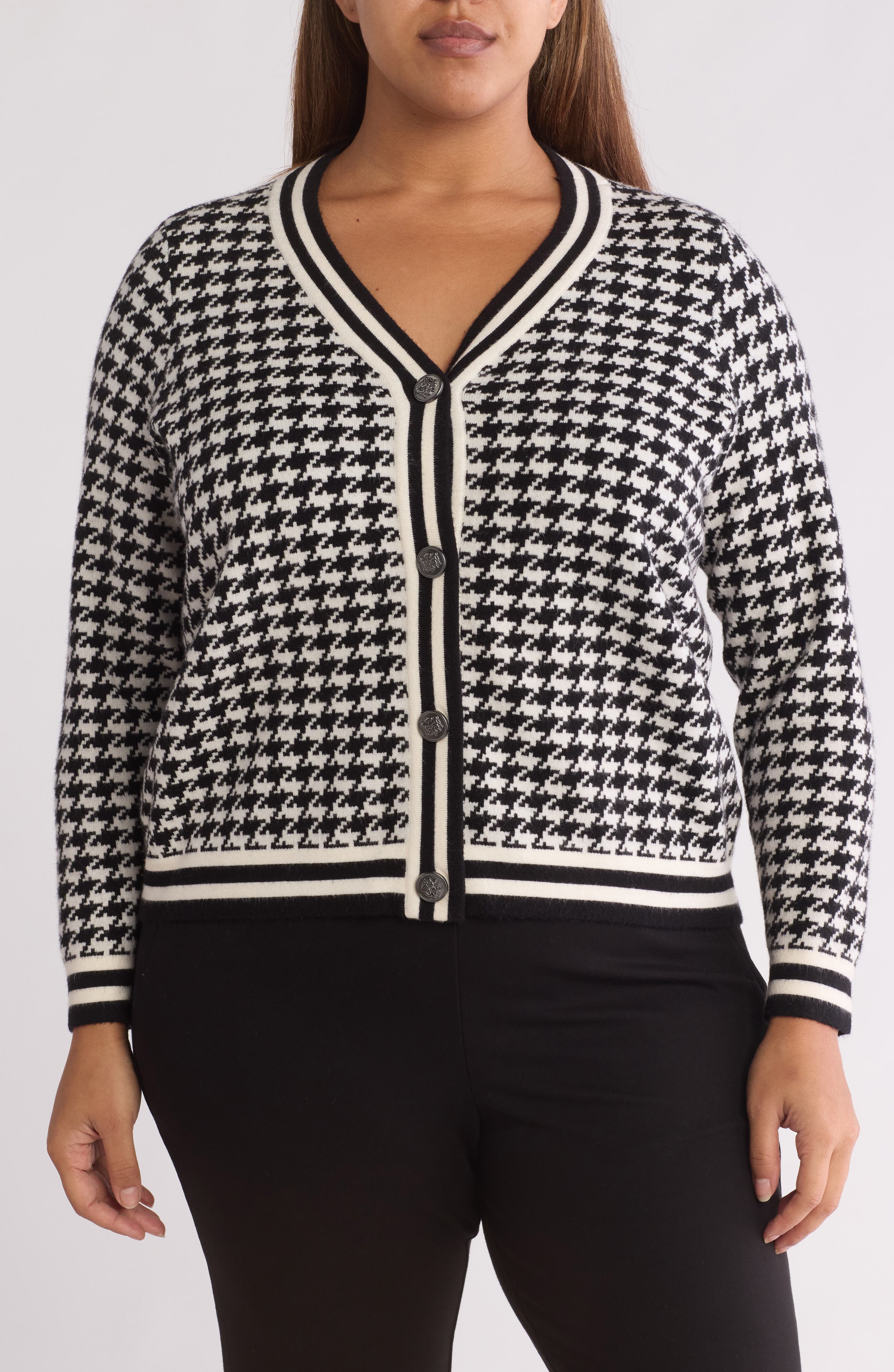CYRUS Houndstooth Tipped Button Front Cardigan | Nordstromrack