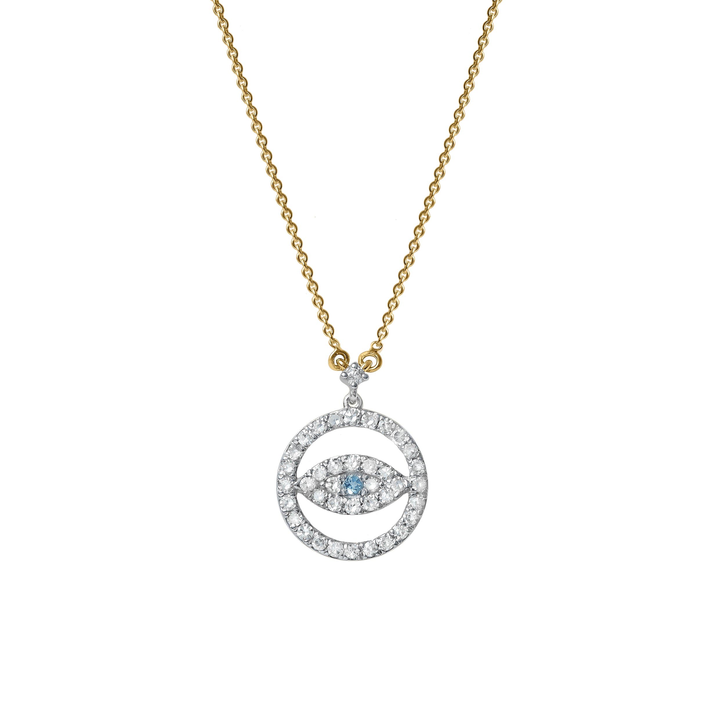 LuvMyJewelry Ziva Round Diamond Evil Eye & Blue Topaz Necklace in 14K ...