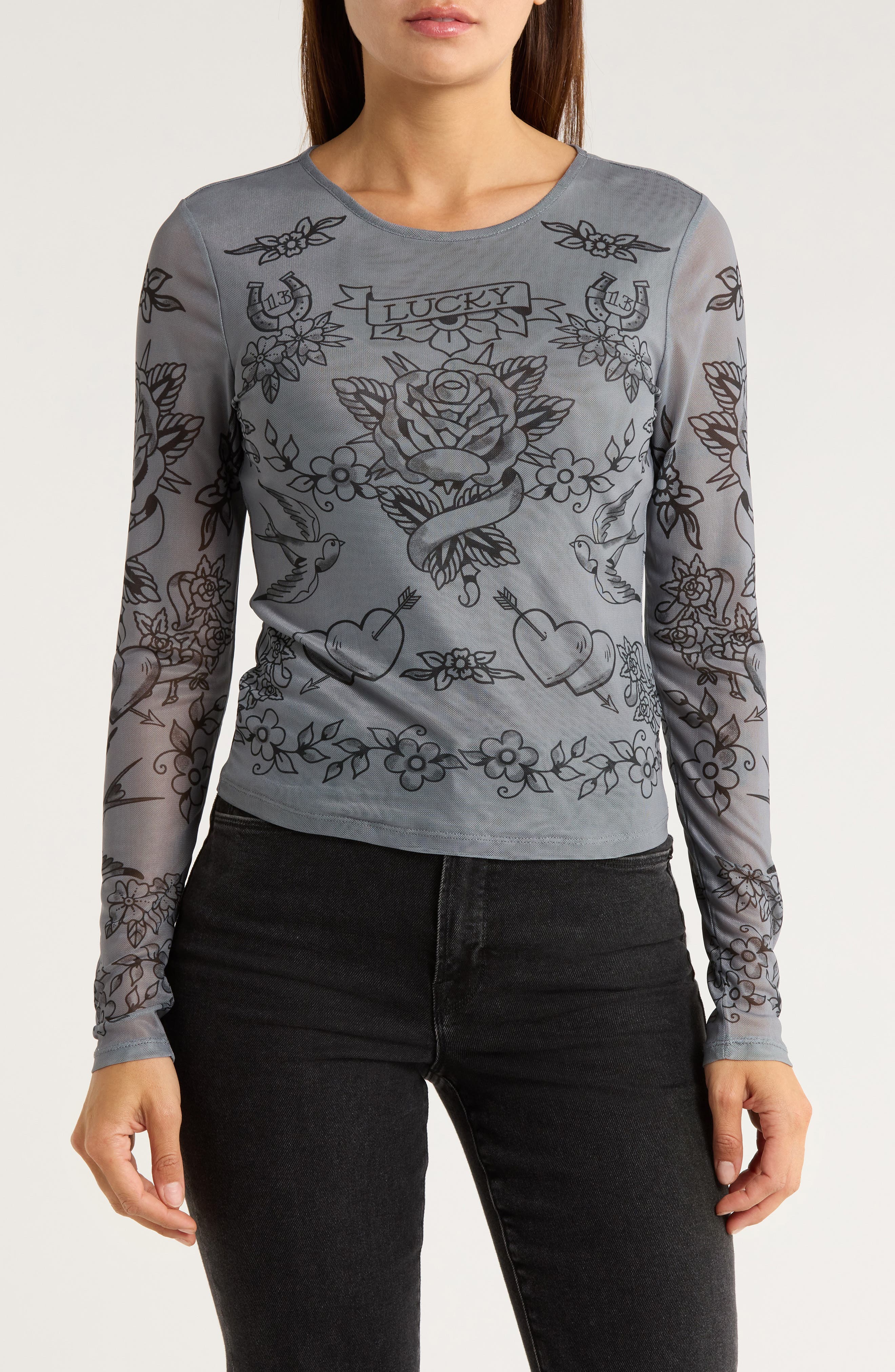 Madden Girl Long Sleeve Tattoo Print Top | Nordstromrack