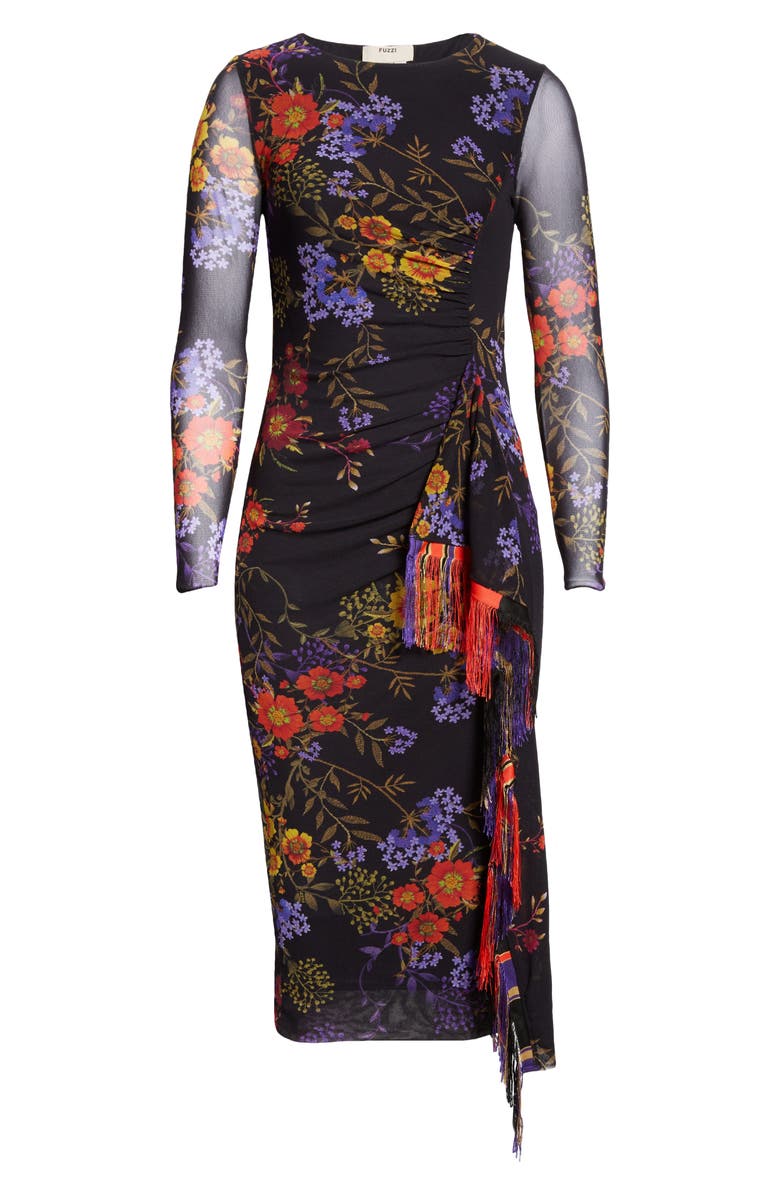 Fuzzi Floral Print Fringe Trim Long Sleeve Mesh Sheath Dress ...