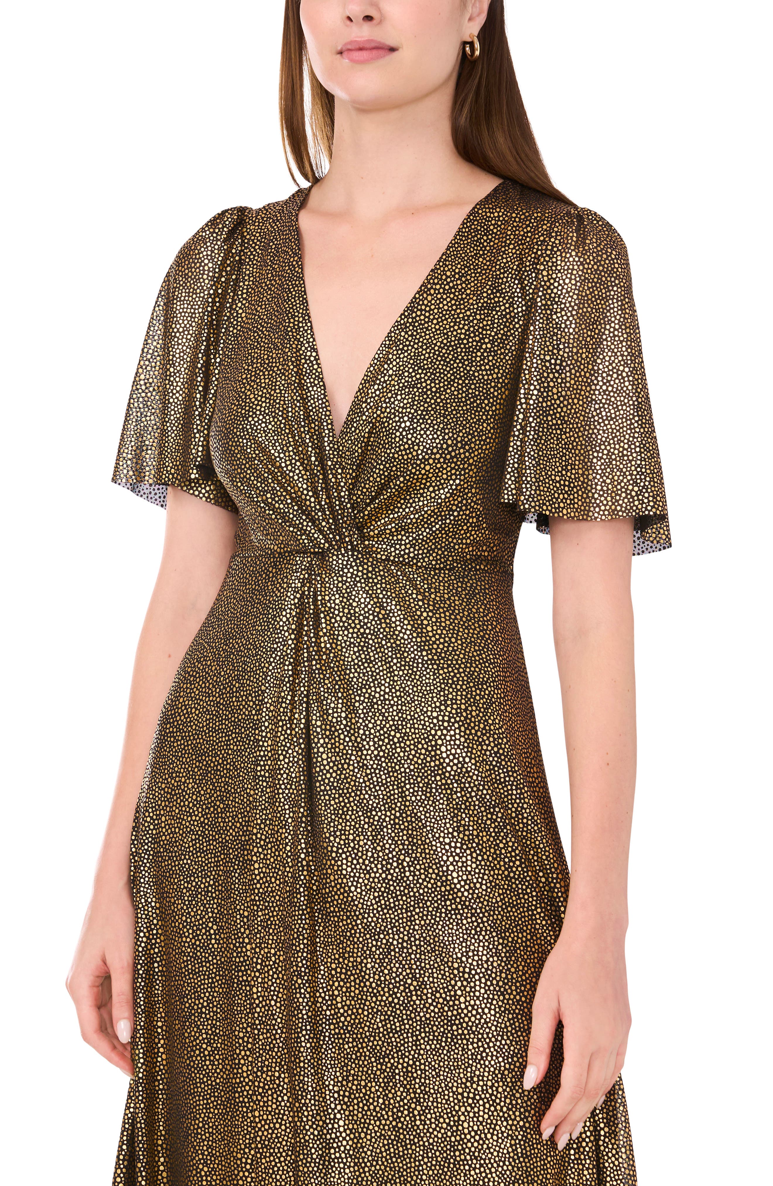 Halogen® Metallic Flutter Sleeve Faux Wrap Dress | Nordstromrack
