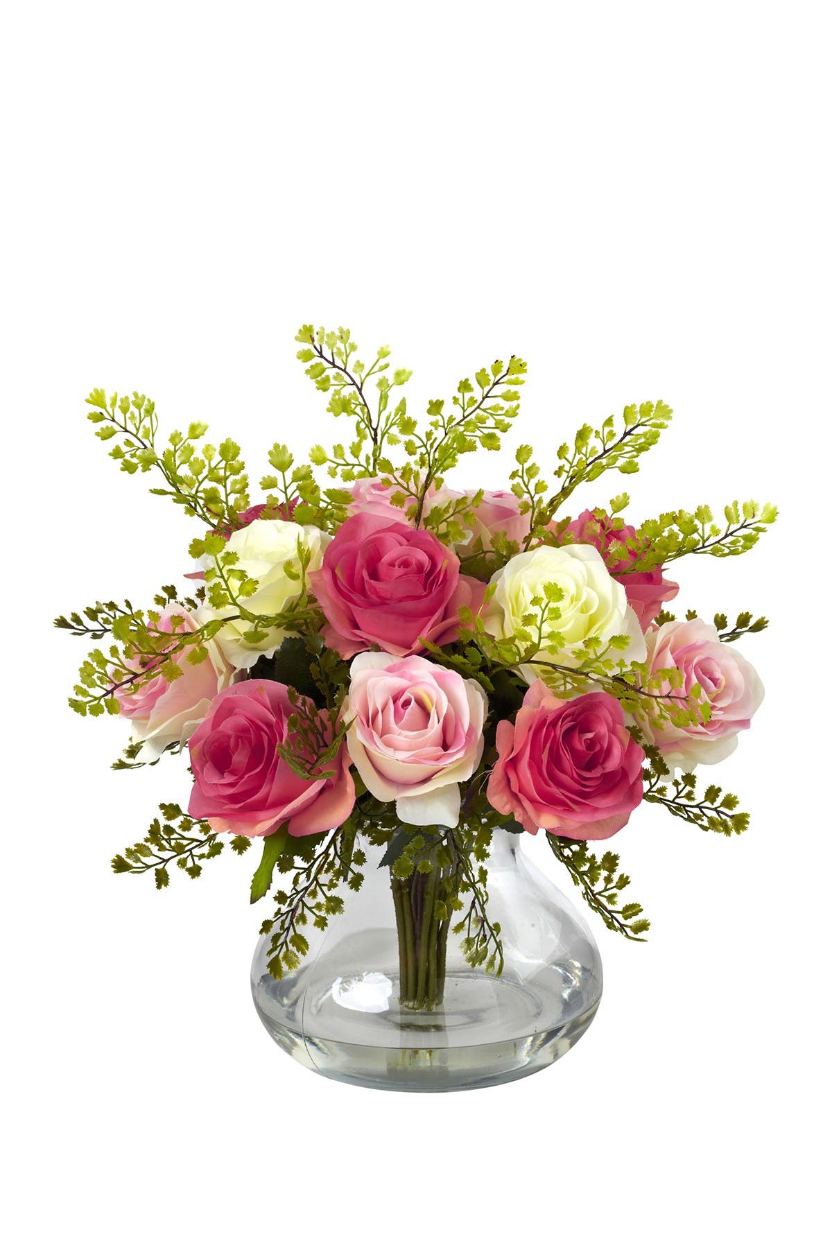 NEARLY NATURAL Multi Rose & Maiden Hair Floral Arrangement with Vase ...