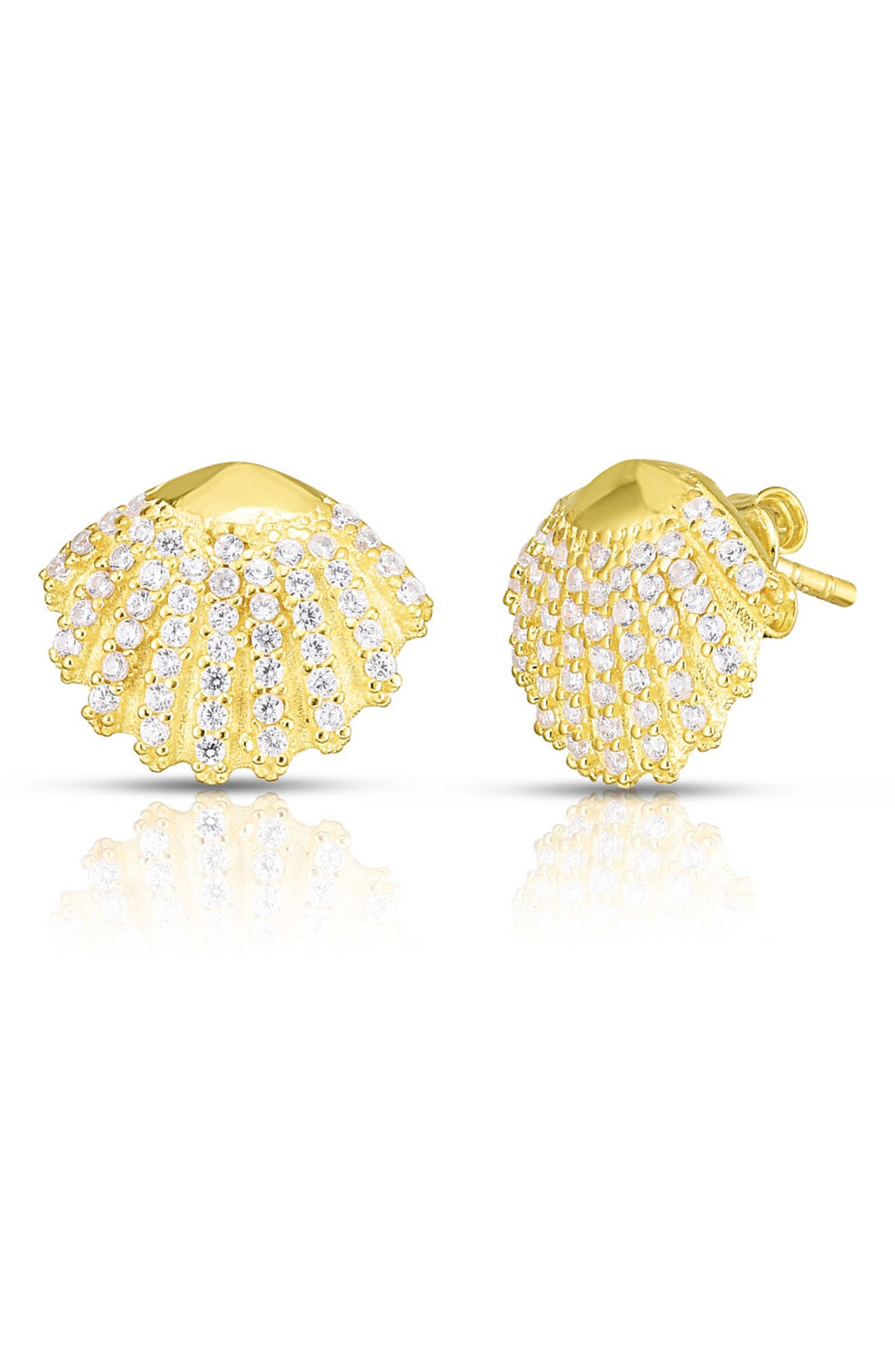 SPHERA MILANO 14K Yellow Gold Plated Sterling Silver Pave CZ Shell Stud ...