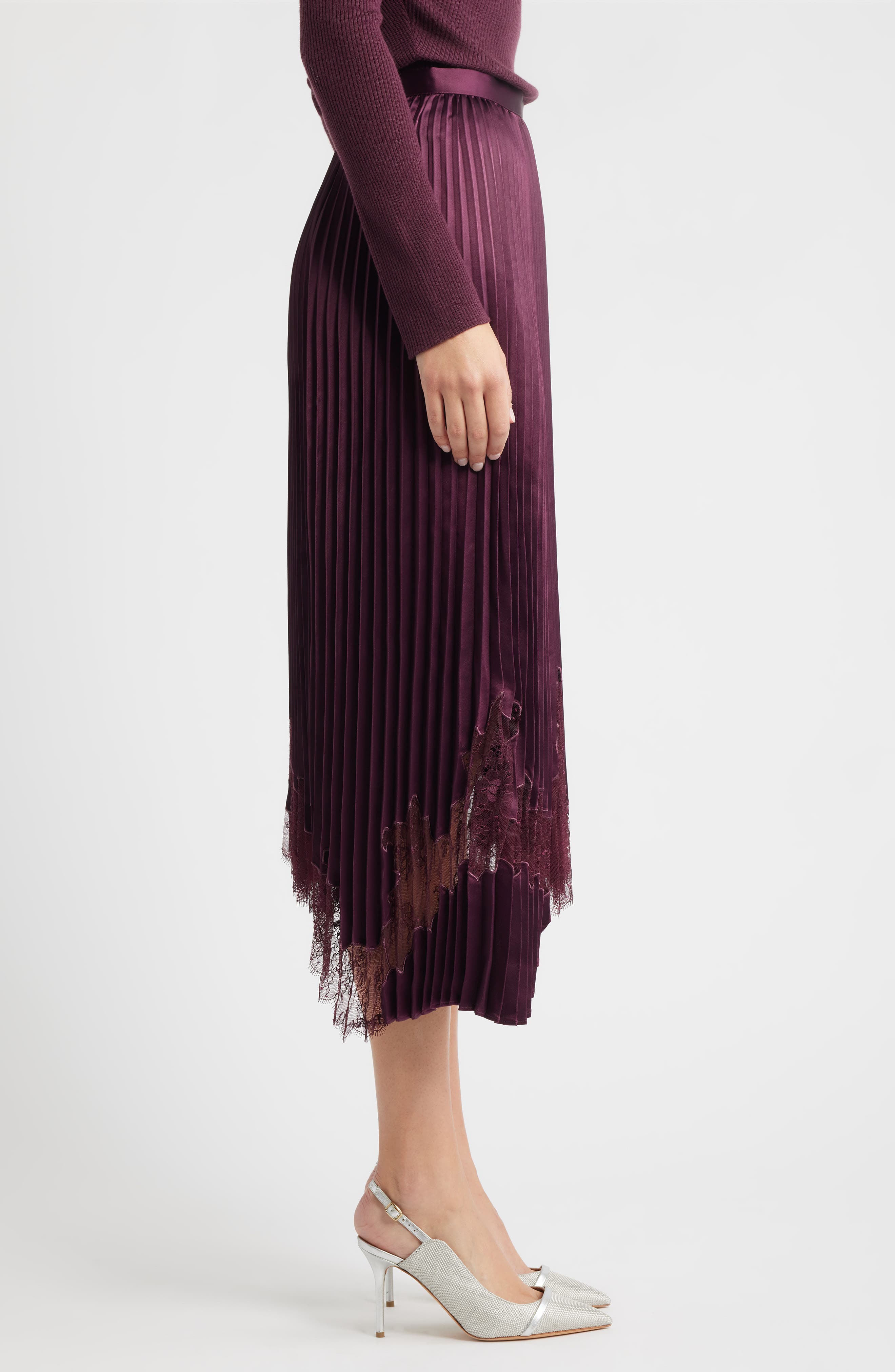 BOSS Velacey Lace Detail Pleated Asymmetric Satin Skirt | Nordstromrack