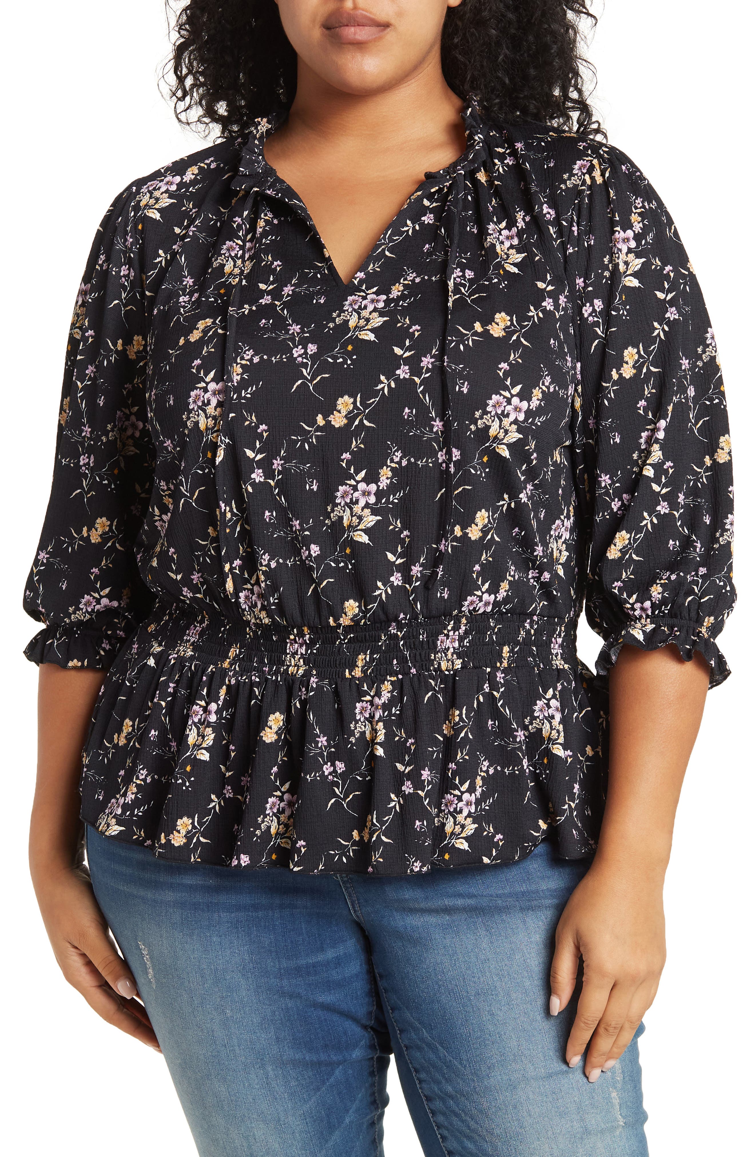 MELLODAY Tie Neck Three-Quarter Sleeve Floral Print Top | Nordstromrack