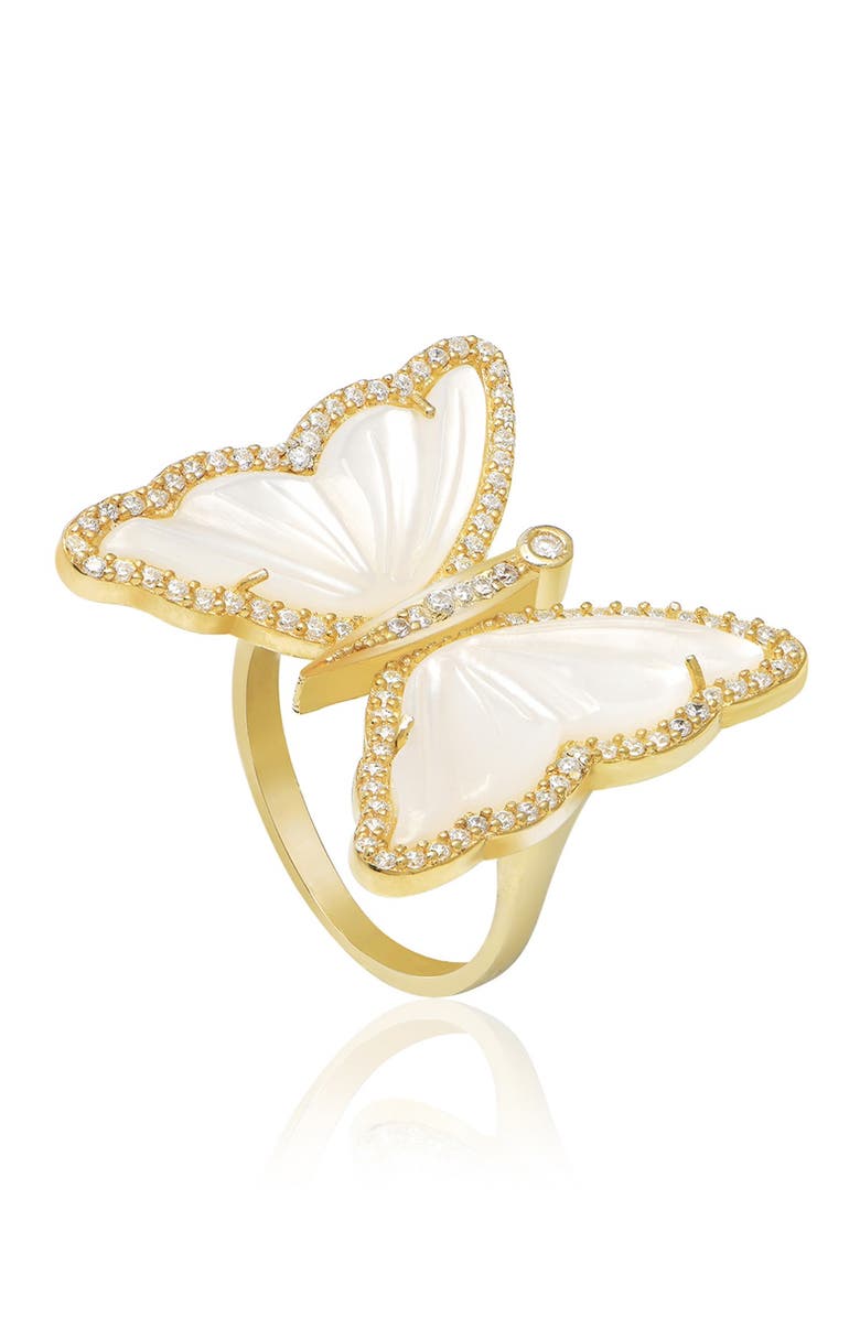 GABI RIELLE Mother of Pearl & Cubic Zirconia Halo Butterfly Ring - Size ...