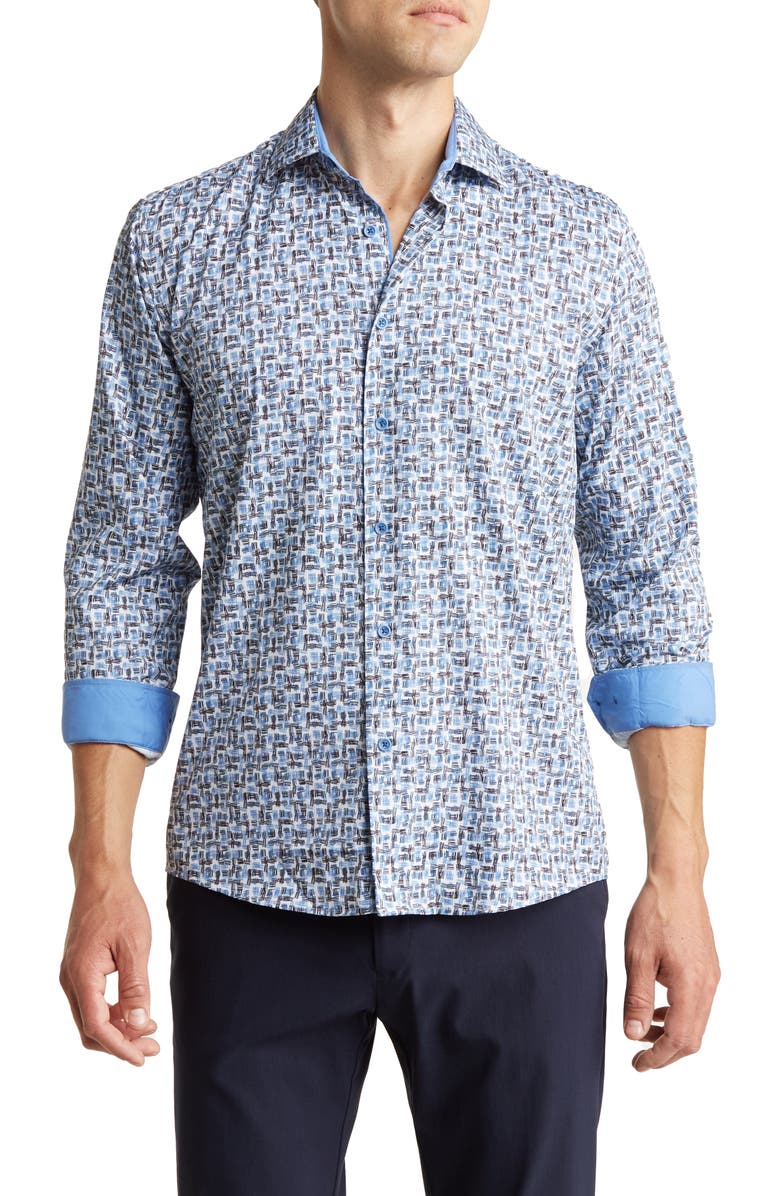 TOM BAINE Abstract Print Long Sleeve Slim Fit 4-Way Stretch Shirt ...
